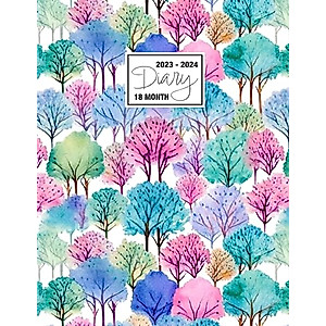 2023 - 2024: 18 Month Diary A4 Week to View on 2 Pages Weekly Journal Agenda WO2P Planner Jul 23 to Dec 24 Horizontal With Moon Phases, UK & US ... Pastel Pink Blue Green Abstract Trees Pattern