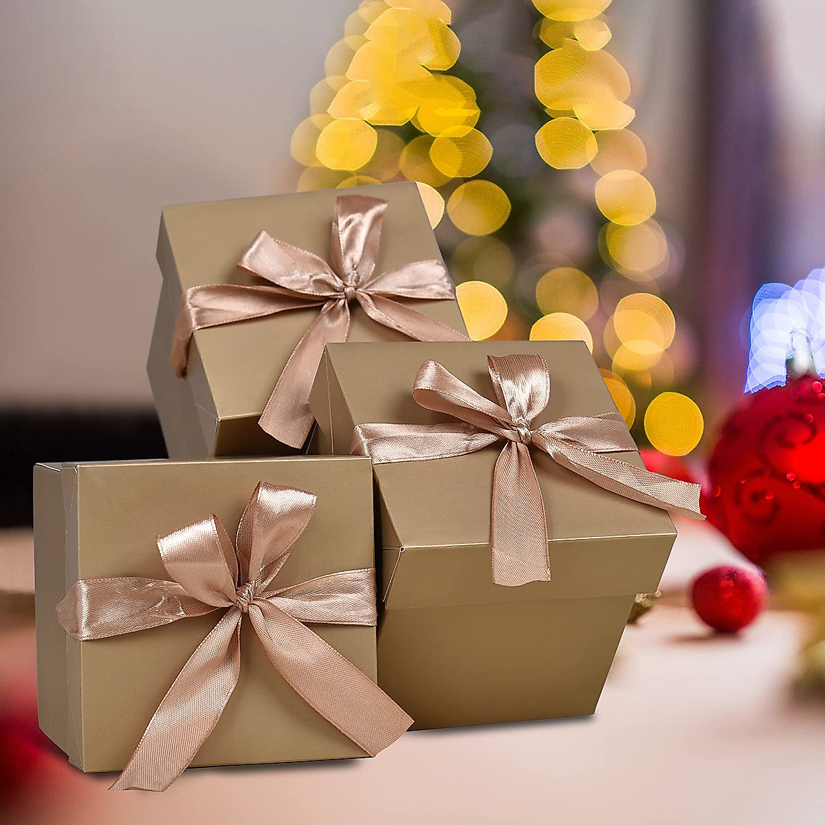 GP SUP 12 Pcs Squared Boxes with Lids & Ribbons,Gold Box for Christmas Gift Wrapping,Gift Boxes for Party(Gold, 6x6x6 Inch)