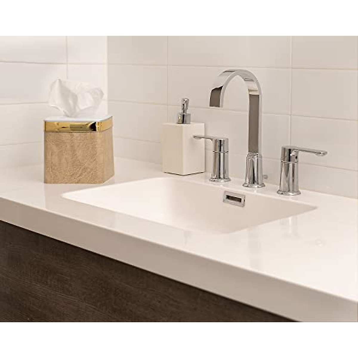 Made in USA Set of 2 Faux Beige Leather 5-Gallon Vinyl Waste Basket & Cube Tissue Box Cover