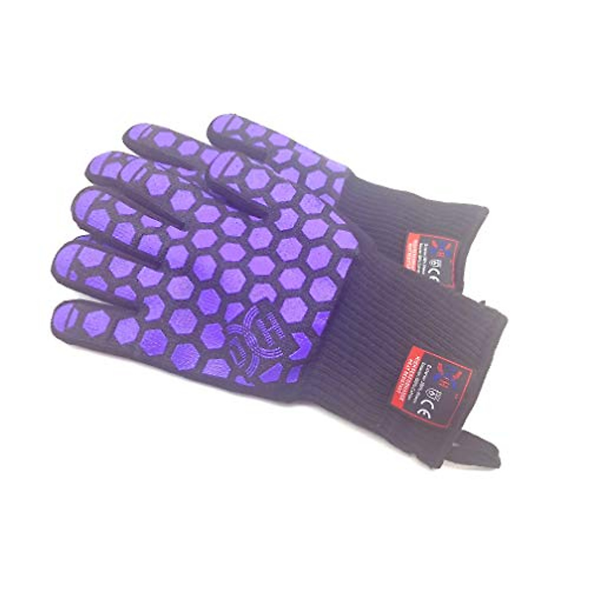 J H Heat Resistant Oven Glove:EN407 Certified 932 °F, 2 Layers Silicone Coating, Oven Mitts for Cooking, Kitchen, Fireplace, Grilling, 1 Pair (Regular Cuff, Black Shell with Purple)