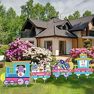 Yulejo 4 Pack Easter Yard Signs Easter Outdoor Decorations with Stake Easter Garden Signs with Easter Egg, Bunny, Gnomes for Courtyard Lawn Outdoor Decoration Easter Party Decoration Outside