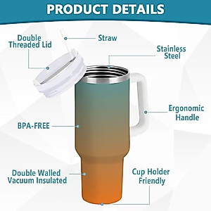 MCHIVER Teal Orange Gradient 40 oz Tumbler with Handle and Straw Stainless Steel Vacuum Water Bottle Leak-proof Travel Coffee Mug Insulated Cup for Car Home Office
