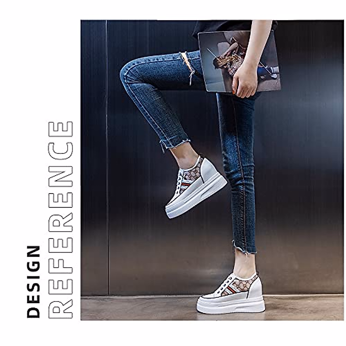 Women's Heighten Sneakers Breathable Mesh White Walking Shoes Outdoor Casual Footwear Thick-Sole（3.4 inch）