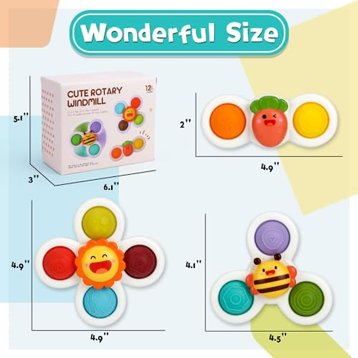 3Pcs Suction Cup Spinner Toys,Baby Spinners Toy,Push Bubble Sensory Rotating Fun,Bathing, Anxiety, Dining, Sensory Toy for Girls Boys