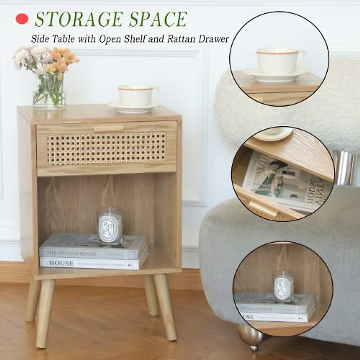 MaxSmeo Rattan Nightstand Small Side Table, End Table Living Room Modern Nightstand, Wood Nightstand with Drawers and Open Shelf (Natural Walnut)