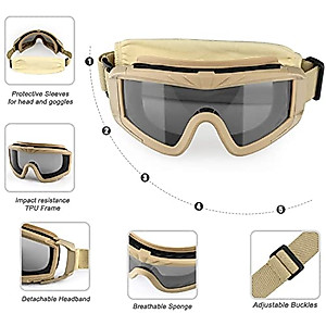 Xaegistac Airsoft Goggles, Tactical Safety Goggles Anti Fog Military Eyewear with 3 Interchangable Lens for Paintball Riding Shooting Hunting Cycling (Khaki)