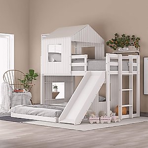 DERCASS Twin Over Full Bunk Bed, Wooden Bed Frame with Playhouse, Farmhouse, Ladder & Guardrails for Kids, Toddlers, Boys & Girls (White)