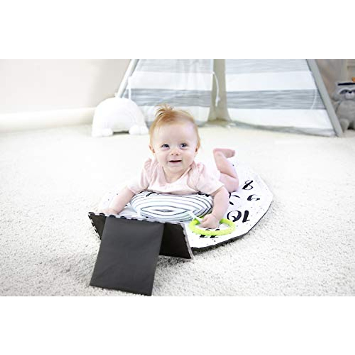 Sassy Tummy Time Play Mat with Large Mirror, Cushioned, Reversible Support Bolster, and Teething Ring, Age 0+