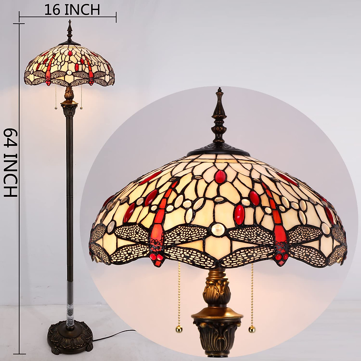 WERFACTORY Tiffany Floor Lamp Dragonfly Amber Stained Glass Standing Reading Light 16X16X64 Inches Antique Pole Corner Lamp Decor Bedroom Living Room Home Office S557 Series