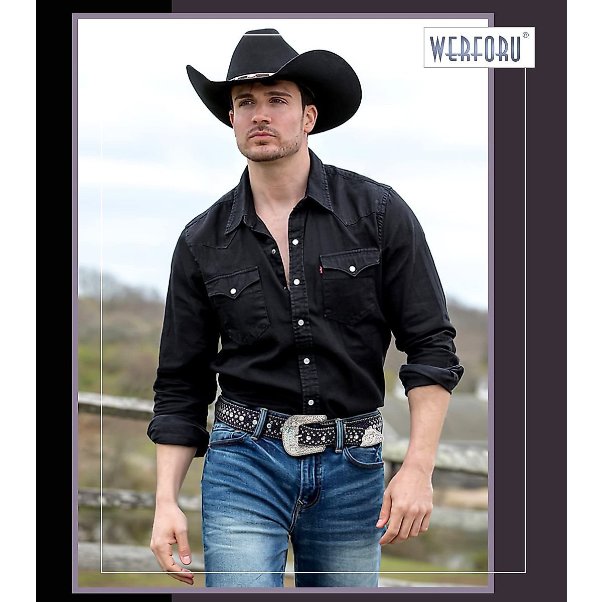 WERFORU Women Men Rhinestone Studded Western Leather Belt Ladies Vintage Bling Cowgirl Cowboy Waist Belt for Jeans Dress