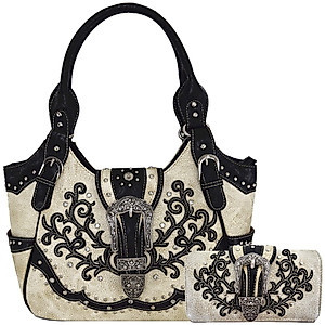 Western Style Tooled Leather Buckle Concealed Carry Purse Country Handbag Women Shoulder Bag Wallet Set (Beige Set)