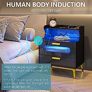 dnbss LED Nightstand with Wireless Charging Station, Modern Nightstand with LED Lights, 3 Color Dimmable Auto Sensor, Smart Bedside Table with 2 Drawers and Open Shelf, Gloss Black