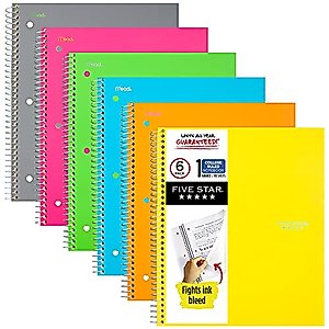 Five Star Spiral Notebooks, 1 Subject, College Ruled Paper, 100 Sheets, 11 x 8-1/2 inches, Assorted Colors, 6 Pack (38057)
