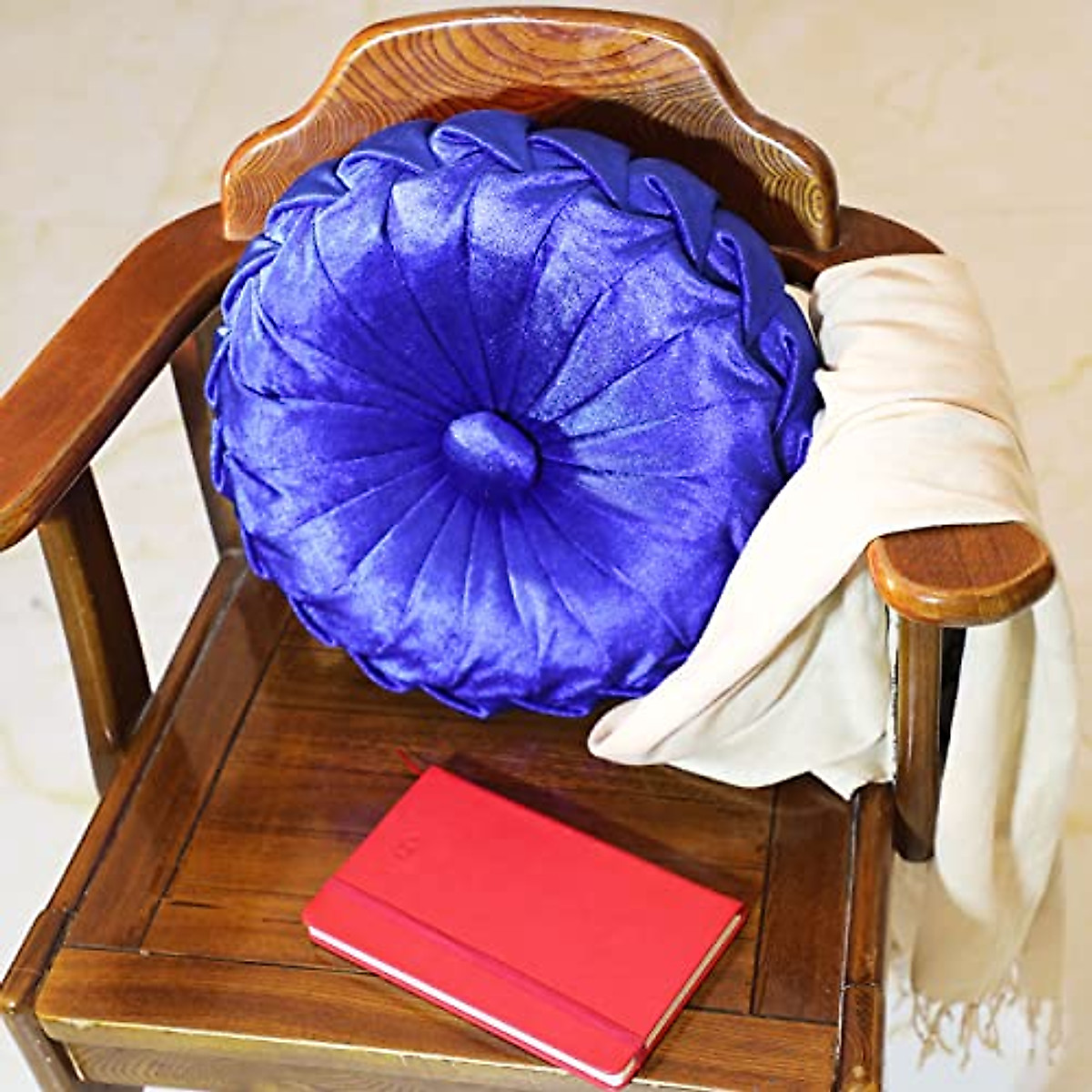 ANQILEE Royal Blue Velvet Round Pillow Pumpkin Round Cushion Throw Pillow 3D Craftsmanship HandmadePleated for Couch Decorative Floor mats Car Pillows
