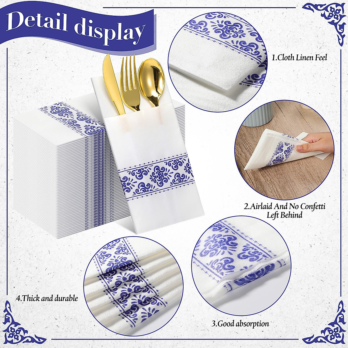 Qilery 100 Pack White Pocket Napkins Paper Dinner Napkins Blue Floral Napkins with Built in Flatware Pocket Disposable Airlaid Paper Napkins Blue Porcelain Linen Feel Dinner Pocket Napkins for Wedding