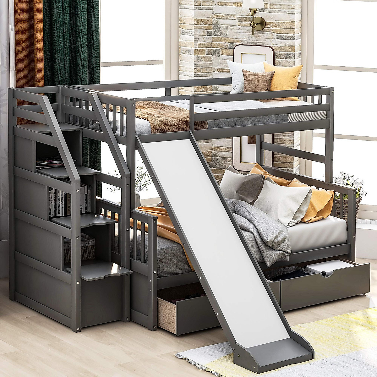 Twin Over Full bunk Bed with Drawers,Storage and Slide - Twin Over Full Bed Frame for Kids, Teens Bedroom, Guest Room Furniture, No Box Spring Needed