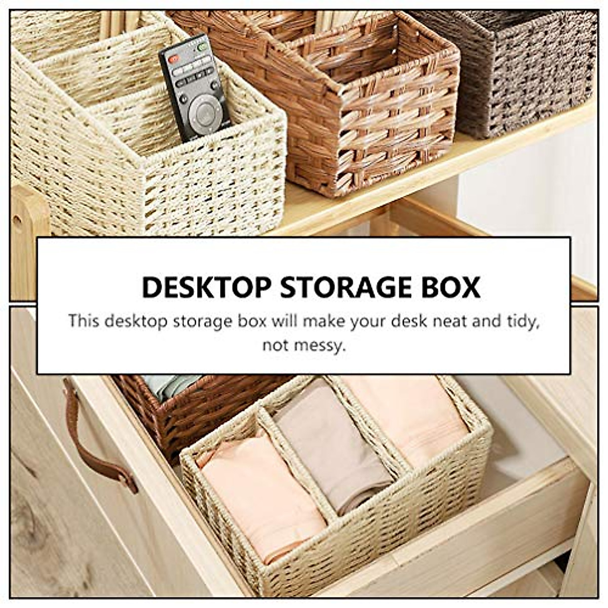 DOITOOL Wicker Storage Basket with 3- Compartment Magazine Hyacinth Basket Weave Organizer Baskets Desktop Storage Box Sundries Container Desk Basket Bins for Bathroom Office
