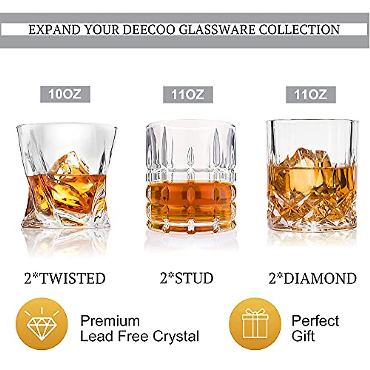 DeeCoo Whiskey Glasses-Premium 10, 11 OZ Scotch Glasses Set of 6 /Old Fashioned Whiskey Glasses/Style Glassware for Bourbon/Rum glasses/Bar Tumbler Whiskey Glasses(Mixed)