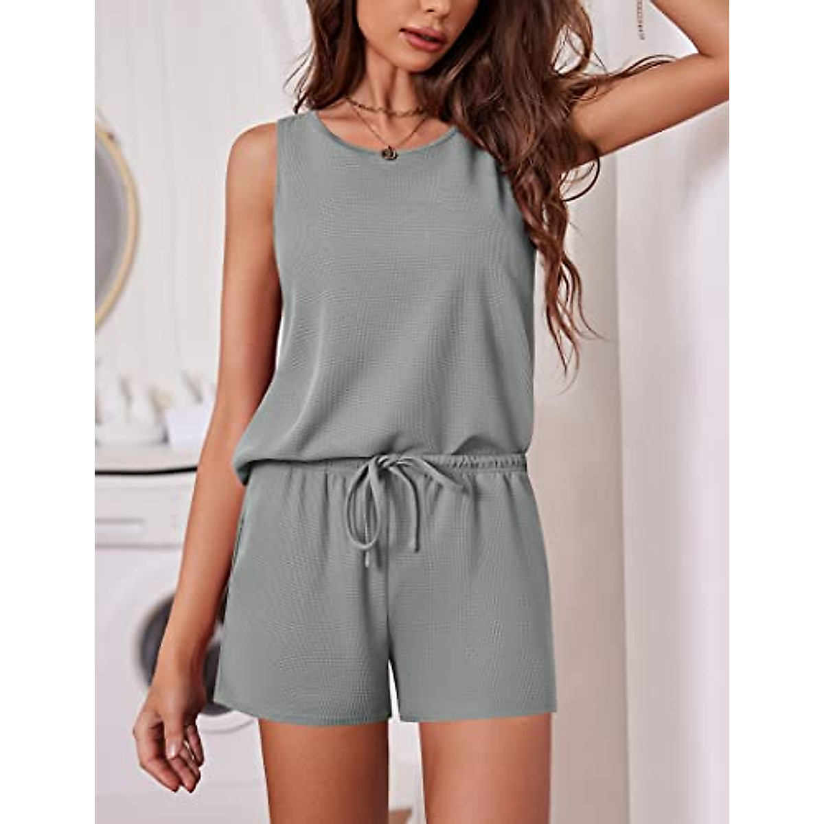 Ekouaer Womens Pajamas Tank Top and Shorts Waffle Pjs for Women Set Summer Trendy Sleepwear Set with No Sleeve Light Gray,Small