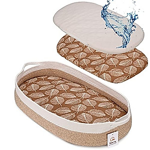 Baby Changing Basket with Thick Changing Pad, Wipeable Waterproof Mattress Cover and Muslin Sheet - Moses Basket - Diaper Changing Station - Handmade Cotton Rope