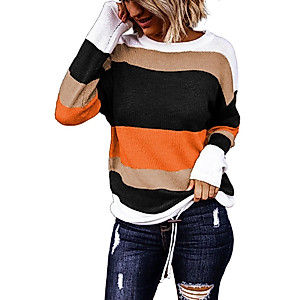 Dokotoo Womens Sweaters Round Neck Striped Cute Winter Pullover Sweaters for Women Trendy 2023 Drawstring Orange Medium