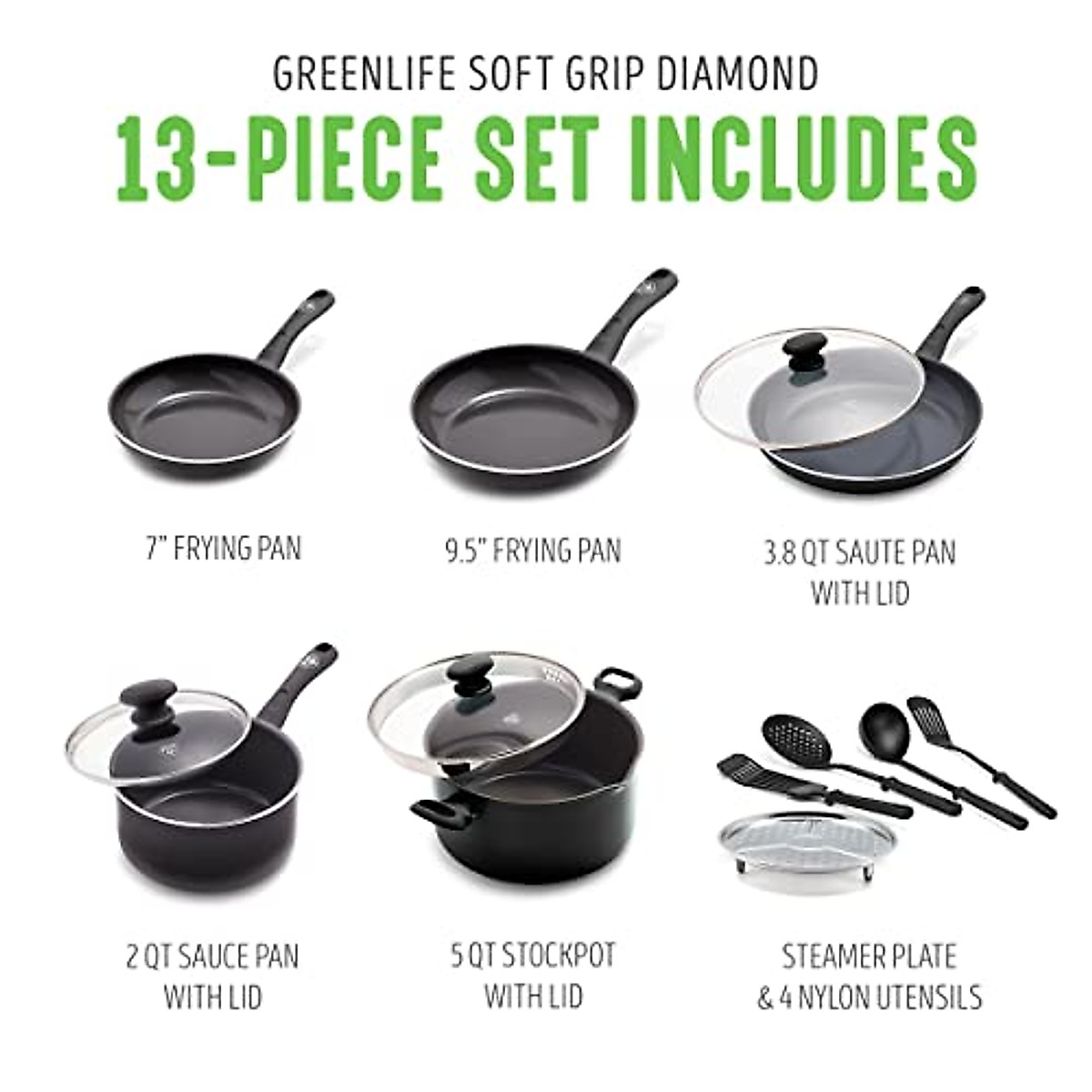 GreenLife Soft Grip Diamond Healthy Ceramic Nonstick, 13 Piece Cookware Pots and Pans Set, PFAS-Free, Dishwasher Safe, Black
