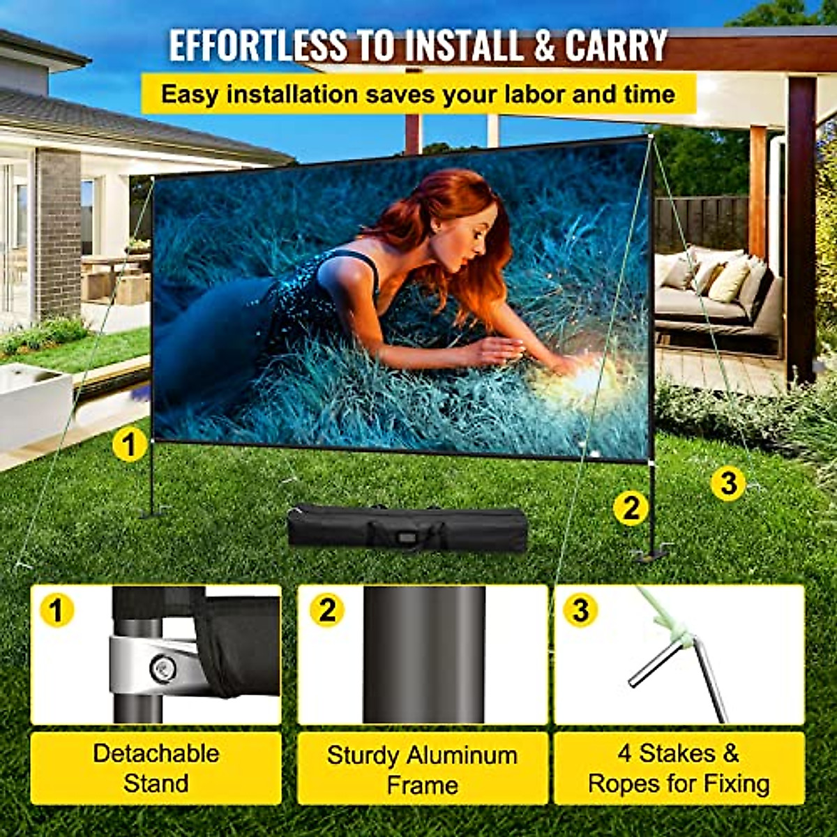 VEVOR Movie Screen with Stand 135inch Portable Projector Screen 16:9 4K HD Wide Angle Projector Screen with Stand Easy Assembly with Storage Bag for Both Indoor and Outdoor Use