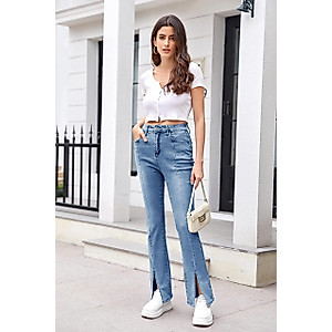Jauoop Women's High Waist Bootcut Jeans Split Hem Straight Leg Skinny Denim Pants with Pockets Light Blue