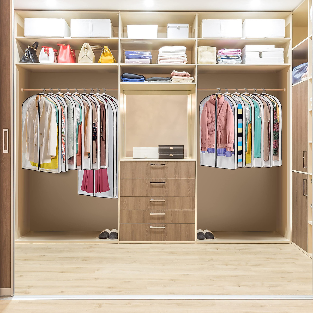 Mskitchen Hanging Clothes Bag with 4" Gusseted Garment Bag (Set of 6) for Storage Suit Bag for Closet Clear Dress Covers for Suits, Sweaters, Shirts - 24"x 40"x 4"/ 6 Pack