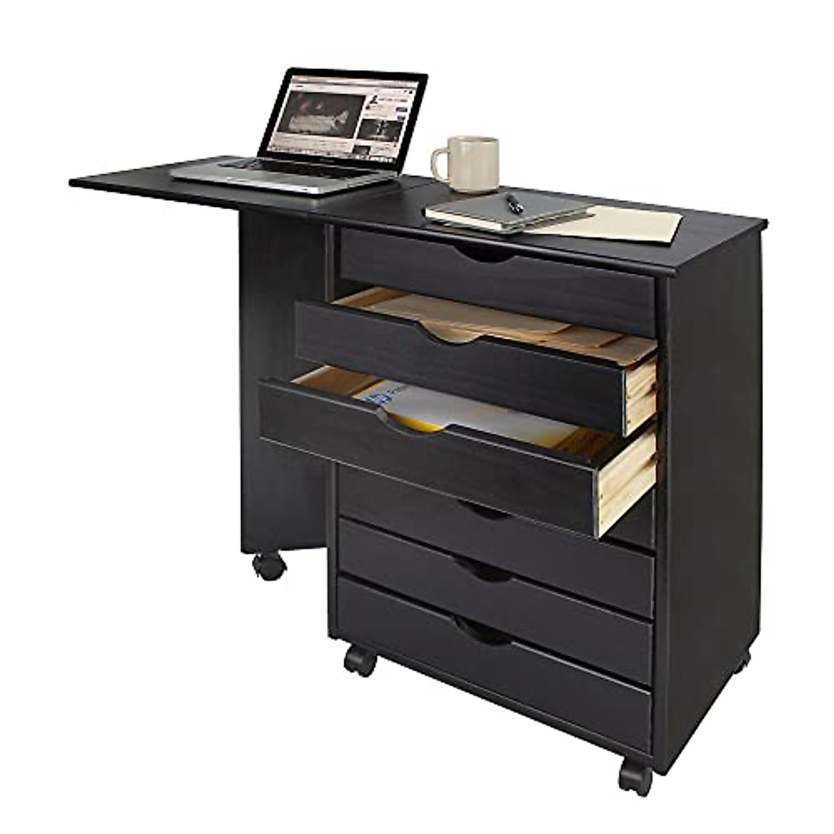 Adeptus Original Drop Leaf Roll Cart with Desk, Sold Wood, 7 Drawer Extra Wide Drawers Roll Carts, Black