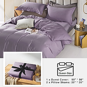 MILDLY 100% Long-Staple Cotton Duvet Cover Set Queen Size Purple Comforter Cover Sets Ultra Soft Bedding Set 3 PCS with Zipper Closure & Corner Tie (No Comforter)