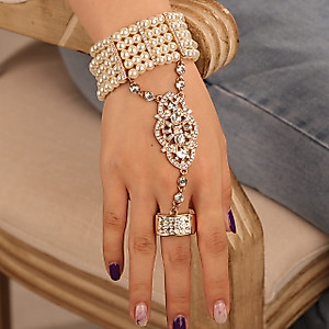 YERTTER Vintage Flapper Pearl Stretch Link Gold Rhinestone Ring Bracelet 1920s Hand Chain Accessories for Weddindg Brides Party Adjustable Bracelet