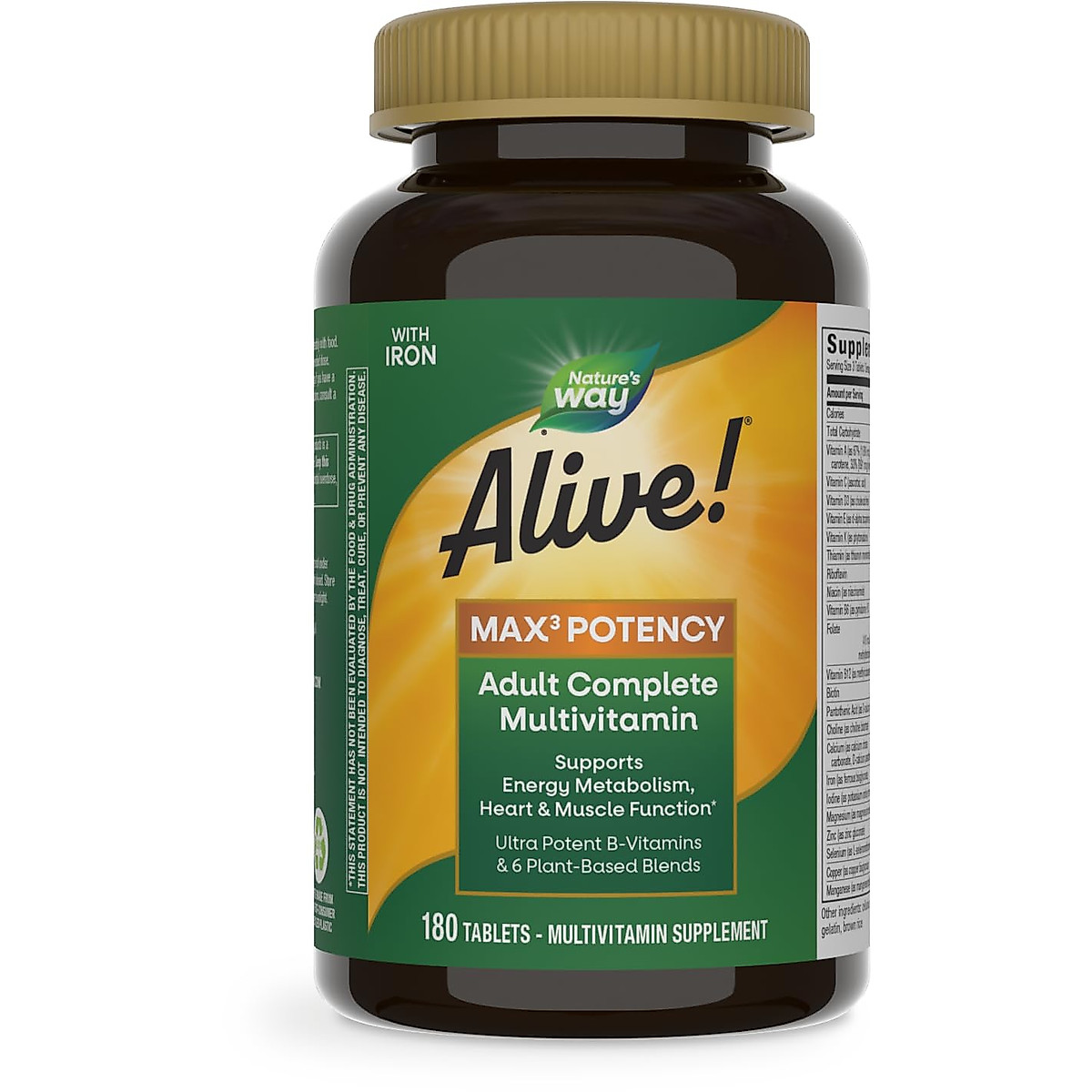 Nature's Way Alive! Max3 Potency Adult Complete Multivitamin, Ultra Potency B-vitamins to Support Energy Metabolism*, with Methylated B12 and Folate, 180 Tablets (Packaging May Vary)