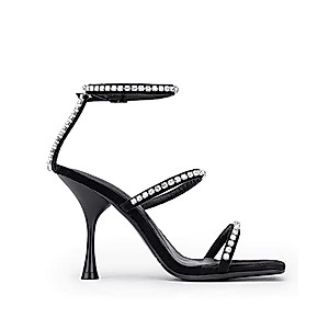 Aituis Women's Bling Rhinestone Heel Sandals Glitter Square Open Toe with Diamond Strap, Ankle Strap Sparkly Stiletto Dressy Sexy Summer High Heeled Shoes for Ladies Girls Party Club Silver, Black