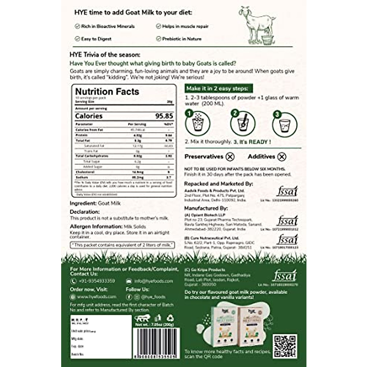 HYE FOODS Goat Milk Powder | Pasture Grazed I Whole Milk Powder | 7.05 Oz (200gms)