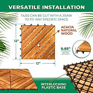 Interlocking Deck Tile (Pack of 10, 12"x12") Acacia Hardwood Deck Tile, Interlocking Patio Tile in Solid Acacia Wooden Oiled Finish Waterproof all Weather Perfect for Indoor Outdoor(Golden Teak Color)