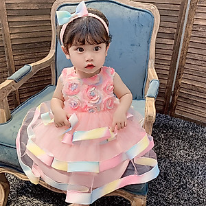 Formal Prom Pageant Wedding Girls Dresses A-line Knee Length Tutu Ruffle Lace Dress Princess Party Infant Baby Birthday Dress 12M 18M Pink 90