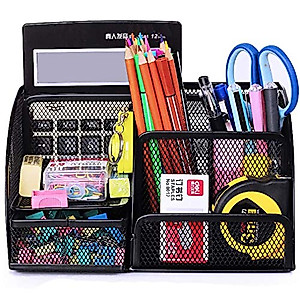 MONBLA Mesh Multi-Functional Stationery Storage Organizer Office Stationery Case Stationary Caddy Metal Desk Organizer Pencil Pen Holder 5 Compartments Black
