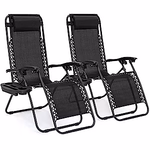 Bee Zero Gravity Chairs Patio Chairs Lawn Chairs Patio Set of 2 with Pillow and Cup Holder Patio Furniture Outdoor Adjustable Dining Reclining Folding Chairs for Deck Patio Beach Yard… (Black)