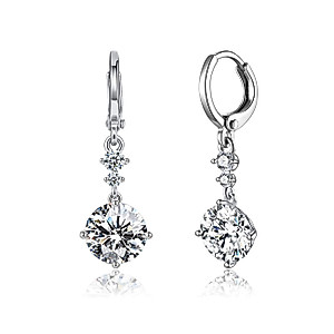 Drop Dangle Earrings Leverback 9MM 2.75ct and 2pcs Small CZ Cubic Zirconia Design 15K White Gold Plated with Hypoallergenic Hoops Gorgeous Gift for Women