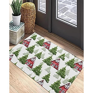 Indoor Outdoor Mats, Christmas Tree and Farm Barn Tile Pattern Door Mat, Non-Slip Absorbent Resist Dirt Entrance Mat Washable Welcome Mats for Entryway, Low-Profile Floor Mats