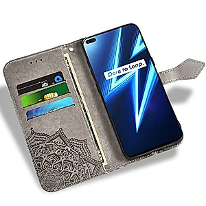Compatible with OPPO Reno 6 Pro 5G Wallet Case and Tempered Glass Screen Protector Leather Mandala Flower Flip Cover Credit Card Holder Stand Cell Accessories Phone Cases for Reno6 6Pro 5G Women Gray