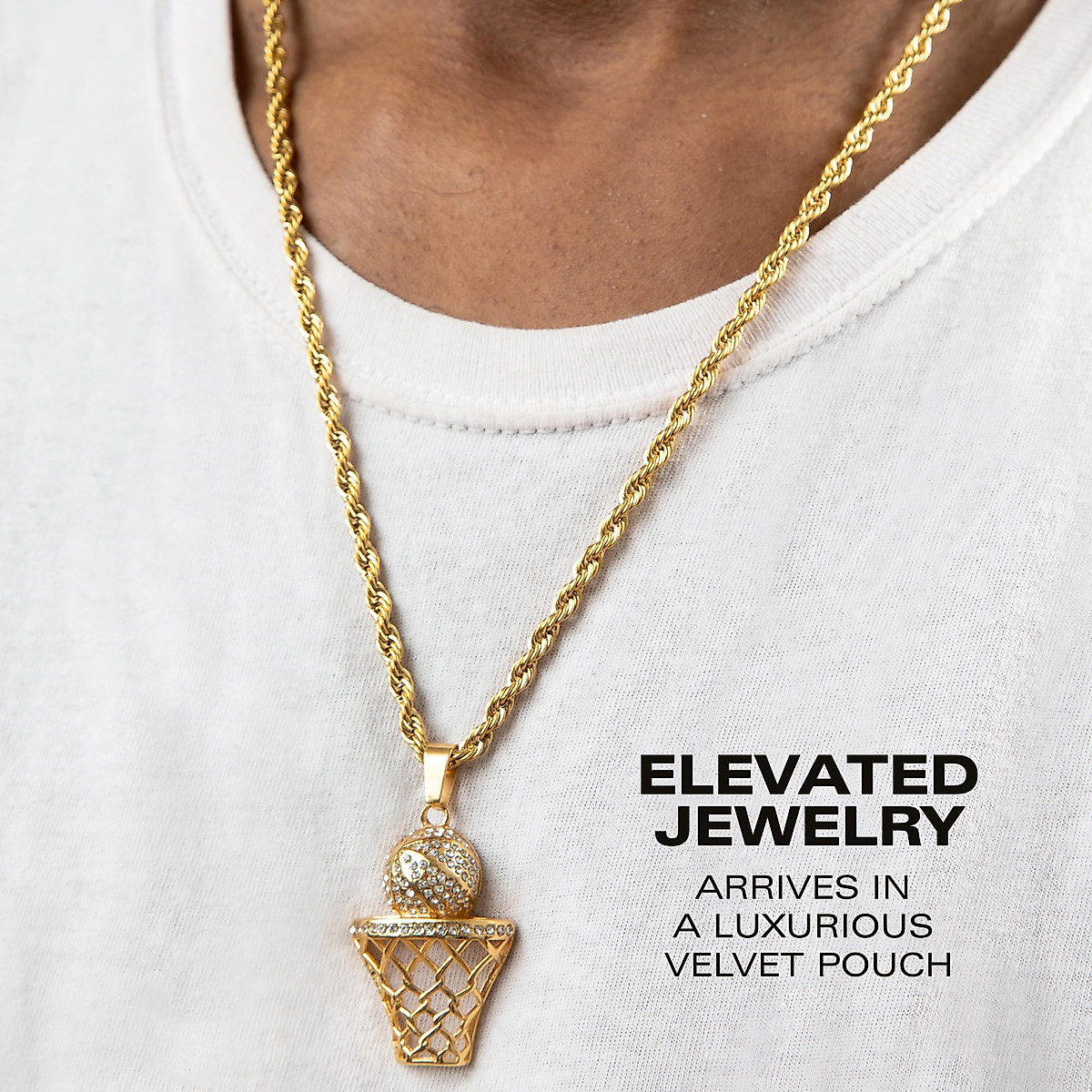 Steeltime Basketball Necklace for Boys - 24-Inch Basketball Chain for Boys with Hoop Pendant & Simulated Diamonds, 18K Plated Solid Stainless Steel, For Sensitive Skin, Includes Velvet Pouch - Gold