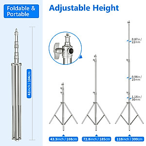 Neewer 118"/3m Stainless Steel Light Stand, Spring Cushioned Heavy Duty Photography Tripod Stand with 1/4” to 3/8” Universal Screw Adapter for Strobe, LED Video Light, Ring Light, Monolight, Softbox