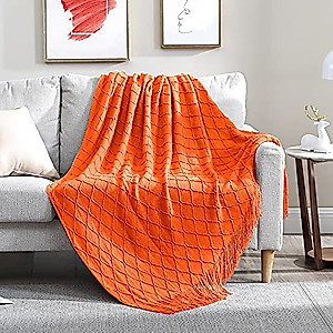 Walensee Throw Blanket for Couch, 50 x 60 Orange, Acrylic Knit Woven Summer Blanket, Lightweight Decorative Soft Nap Throw with Tassel for Chair Bed Sofa Travel Picnic, Suitable for All Seasons