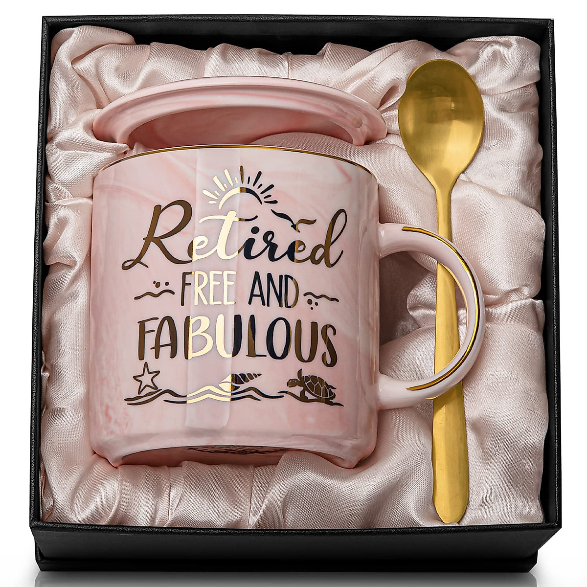 Retirement Gifts for Women 2024 - Retirement Gifts for Women, Coworker Leaving Gifts, Farewell Gifts, Going Away, Goodbye Gifts, Retired Free And Fabulous -14oz Pink Marble Coffee Mug, Gift box