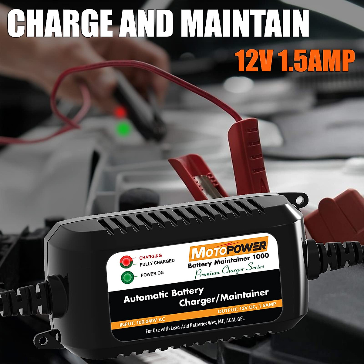 MOTOPOWER MP00206A 12V 1.5Amp Automatic Battery Charger, Battery Maintainer for Cars, Motorcycles, ATVs, RVs, Powersports, Boat and More. Smart, Compact and Eco Friendly