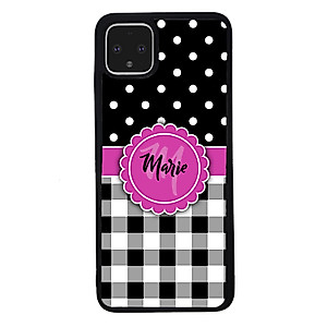 Black White Pink Plaid and Polka Dots Personalized Black Rubber Phone Case Compatible With Google Pixel 8 Pro, 8a, 8, 7a, 7, Pixel 7 Pro, 6a, Pixel 6 Pro, 6, 5, 4a 5G, 4a 4G, 4, 4 XL, 3a