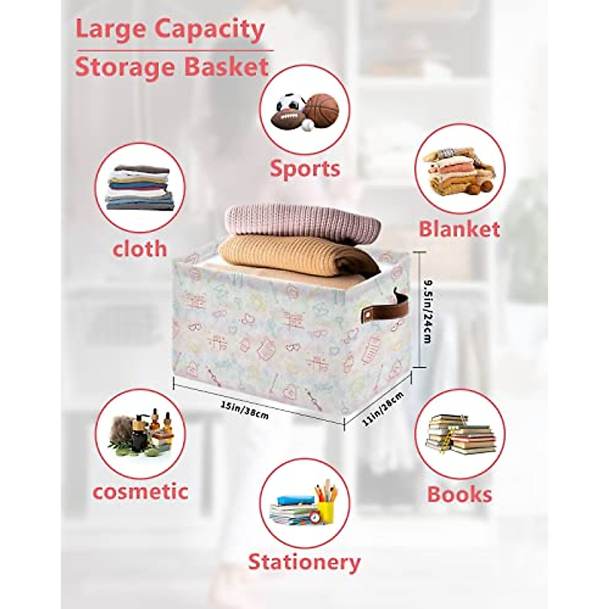 Valentine's Day Storage Bins with Handles, Love Heart Cake Arrow Math Ombre Storage Basket for Shelves, Cube Storage Organizer Bins for Toys, Closet (1 Pack, 15" x 11" x 9.5")