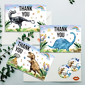 Epakh 40 Pieces Watercolor Dinosaur Thank You Cards with Matching Envelopes and Stickers Jungle Animals Woodland Blank Cards Blank Notes Cards for Birthday Kids Party Baby Shower (Dinosaur Style)